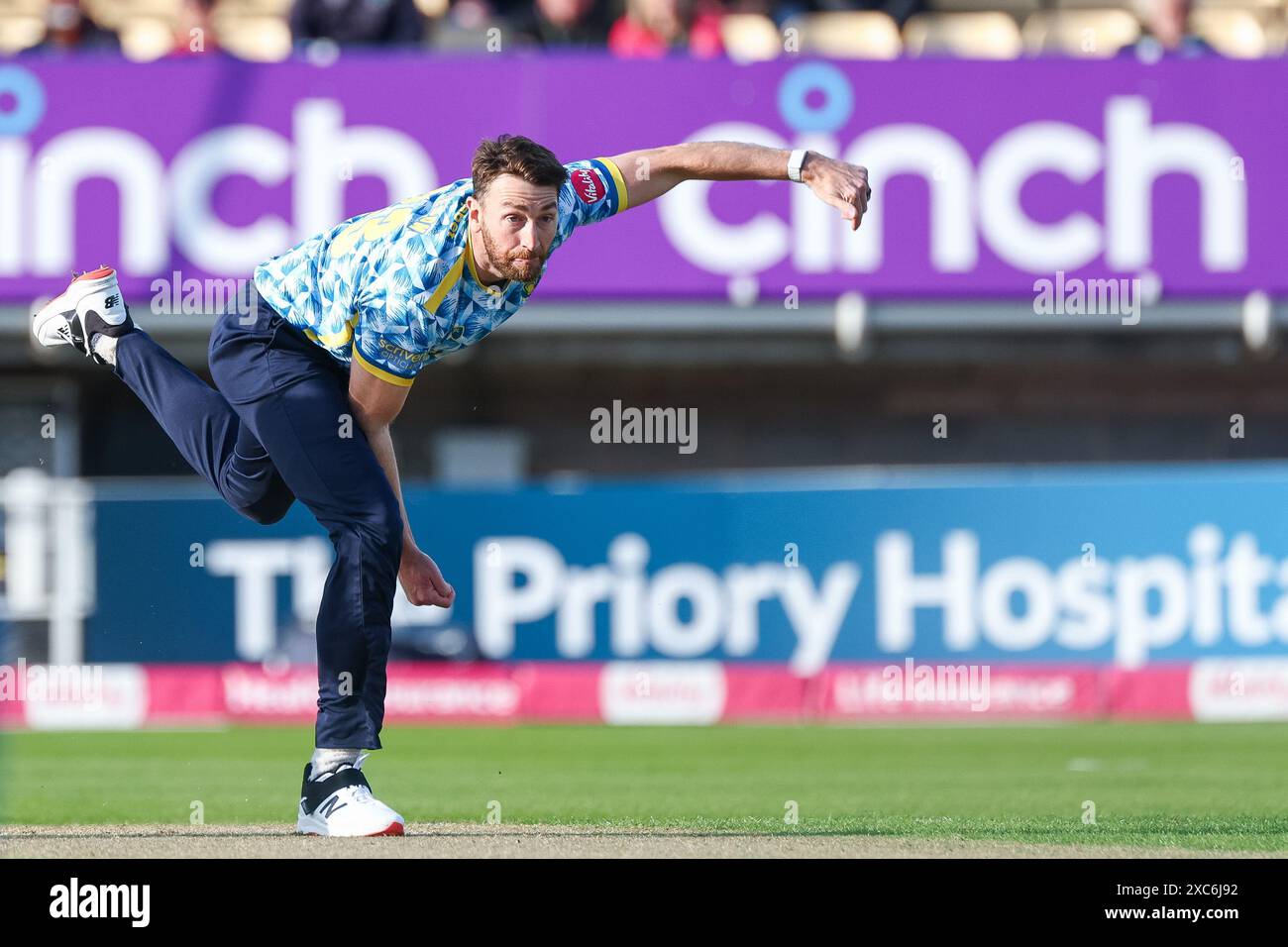 Richard Gleeson in action bowling taken in Birmingham UK on 14 June ...