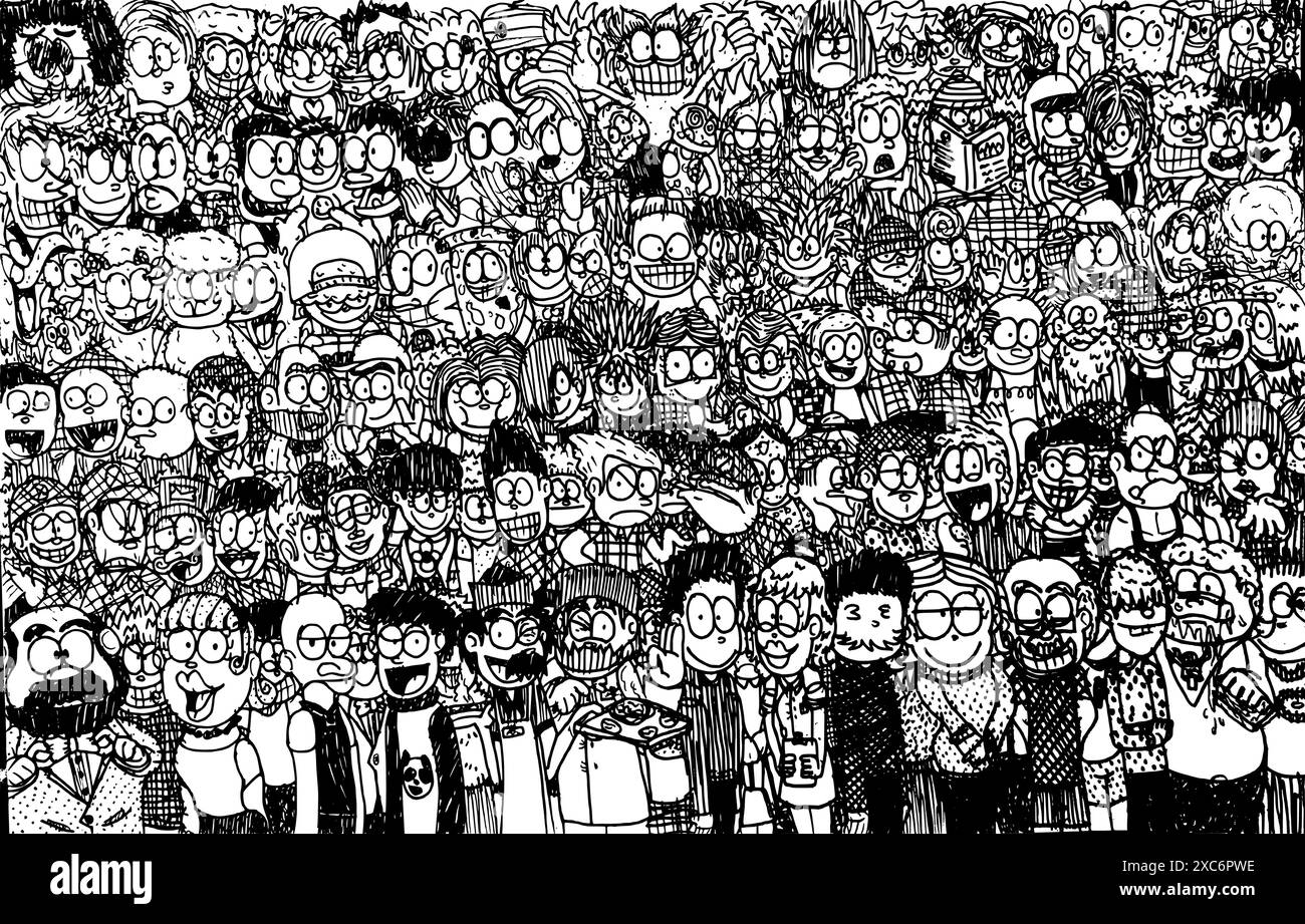 Doodle people pattern. Hand drawn male and female crowd, hipster man ...