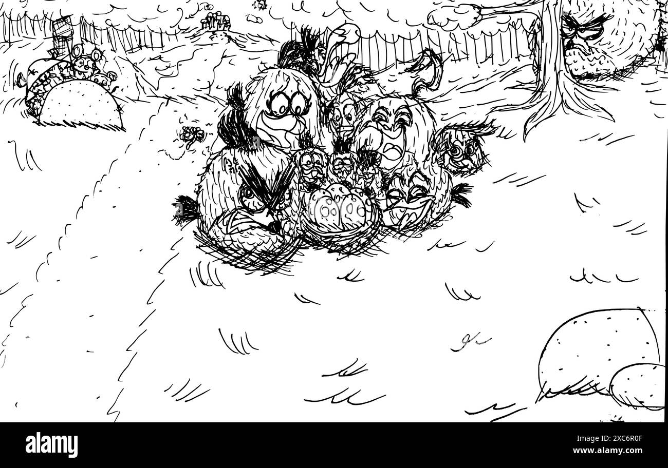 Angry Birds Nest With Eggs and Birds in a Grassy Forest Area Stock ...