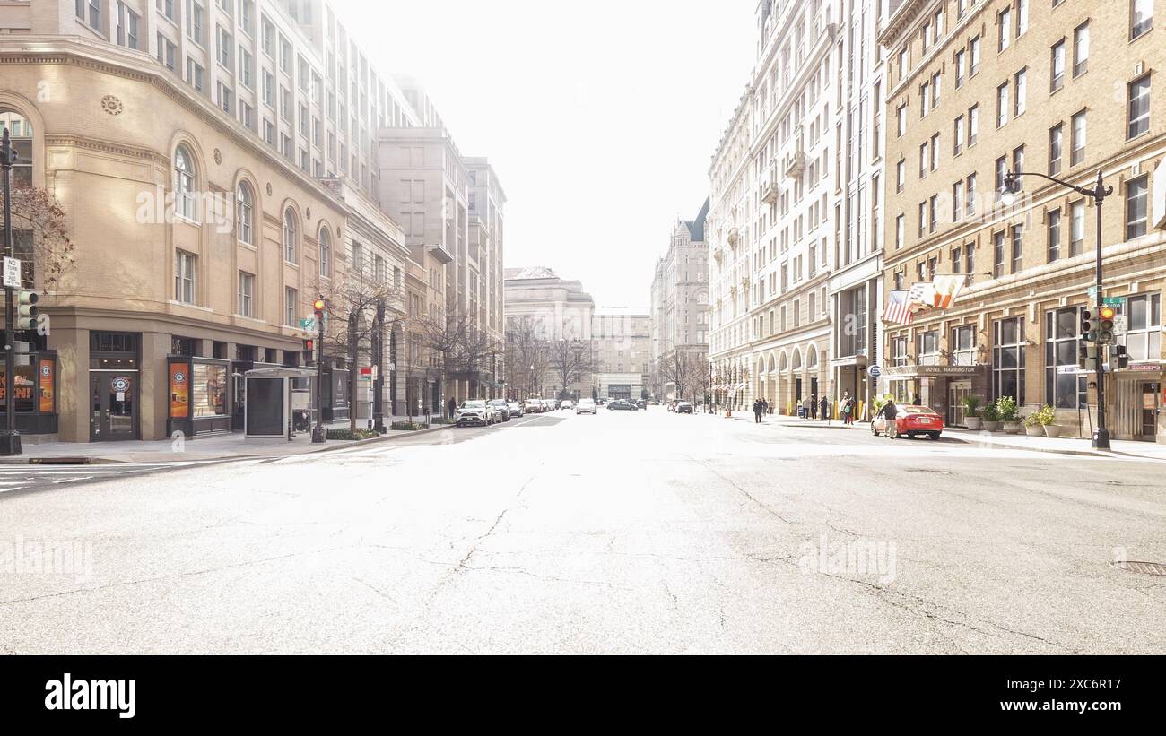 This atmospheric photo captures an eerie, desolate city street devoid ...