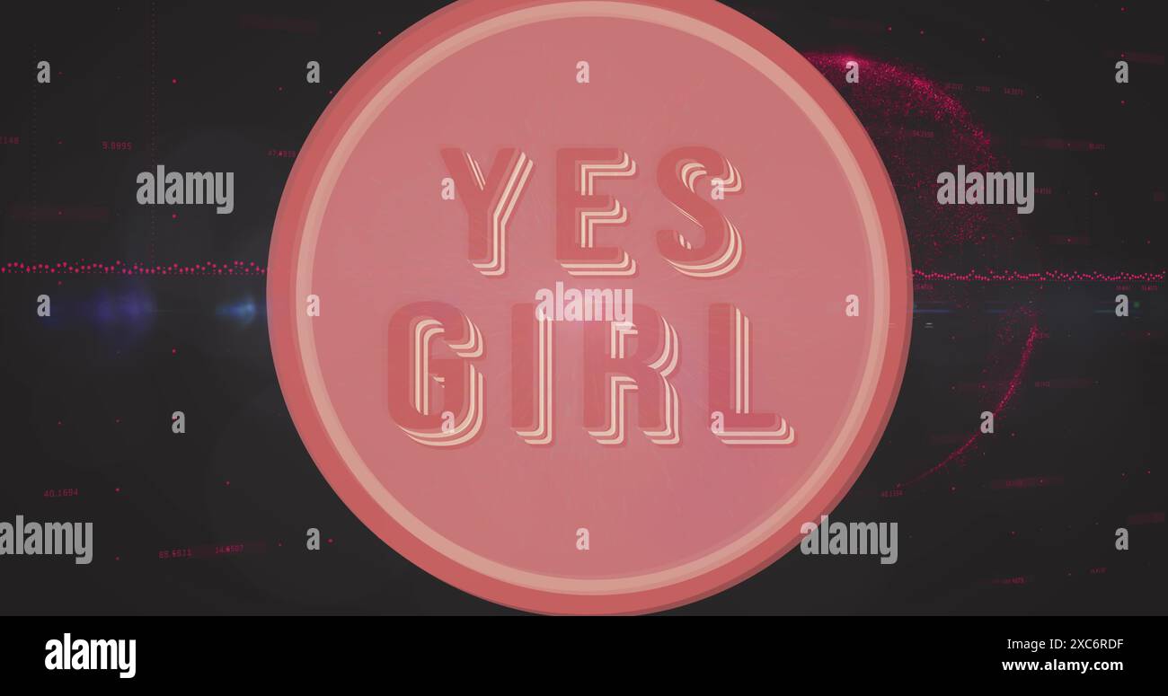 Image of yes girl text in peach circle with illuminated light beams over abstract background ...