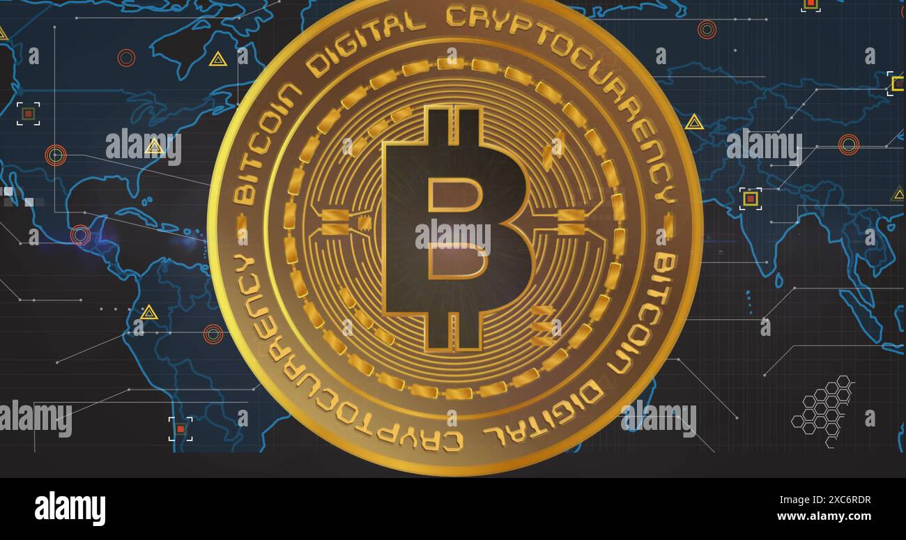 Image of data processing and world map over bitcoin. Global business ...