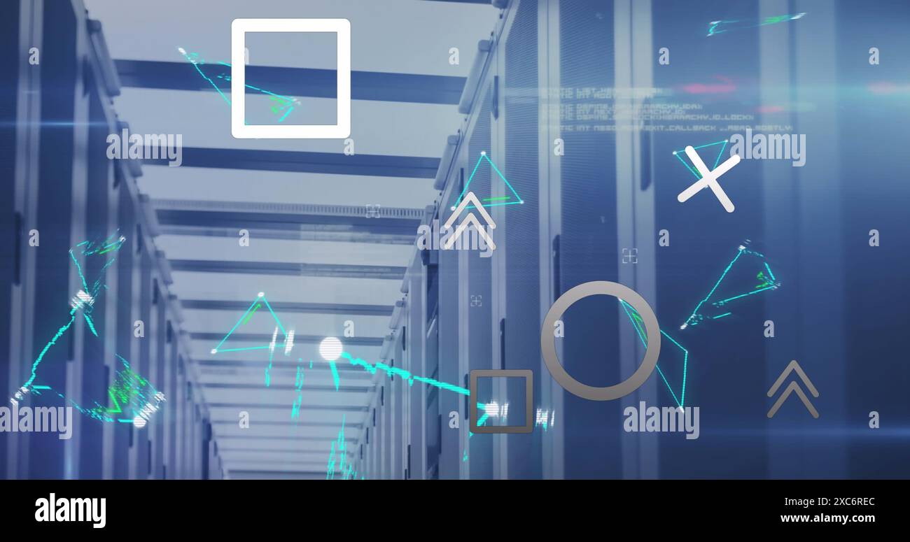 Image of abstract shapes, plexus networks and data processing over computer server room Stock ...