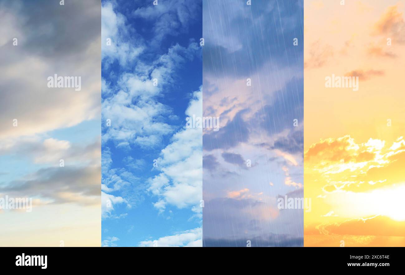 Different weather conditions due to season changing. Collage with ...