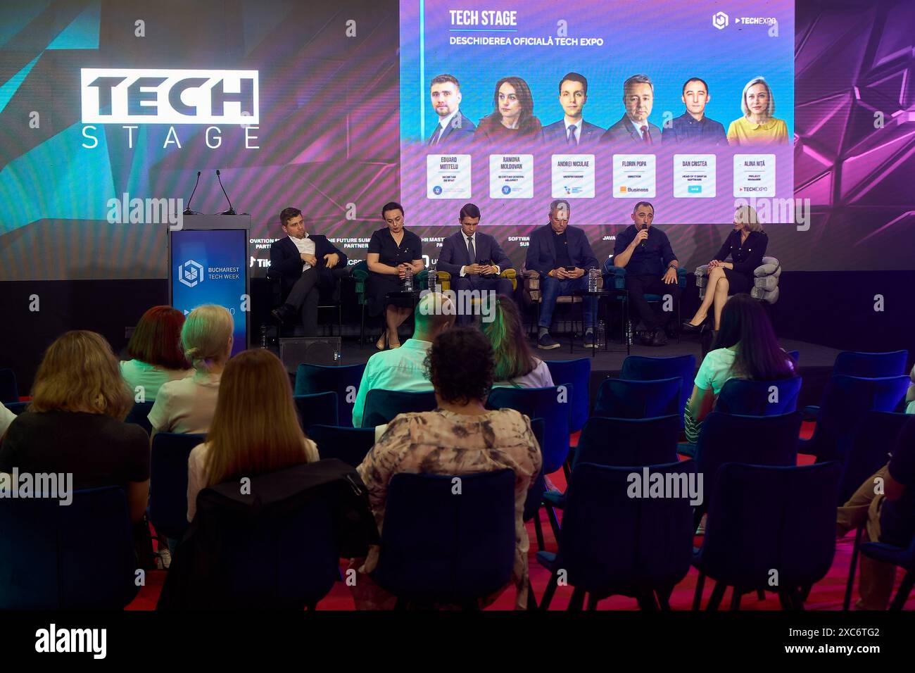 Bucharest, Romania. 14th June, 2024: The opening panel of TechExpo 2024 at ROMEXPO Exhibition ...