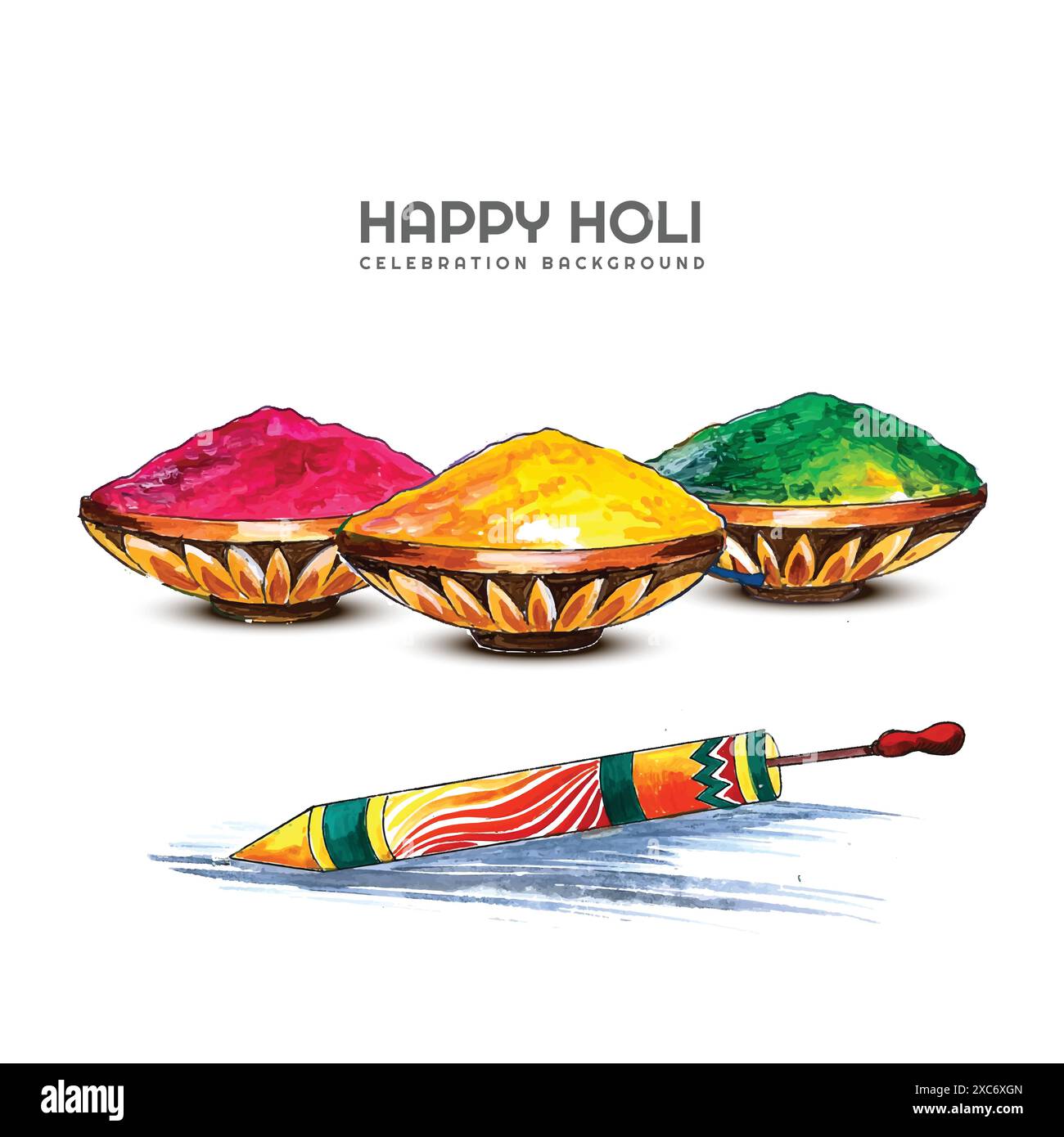 Hand draw colorful gulal in earthen bowl for happy holi card background ...