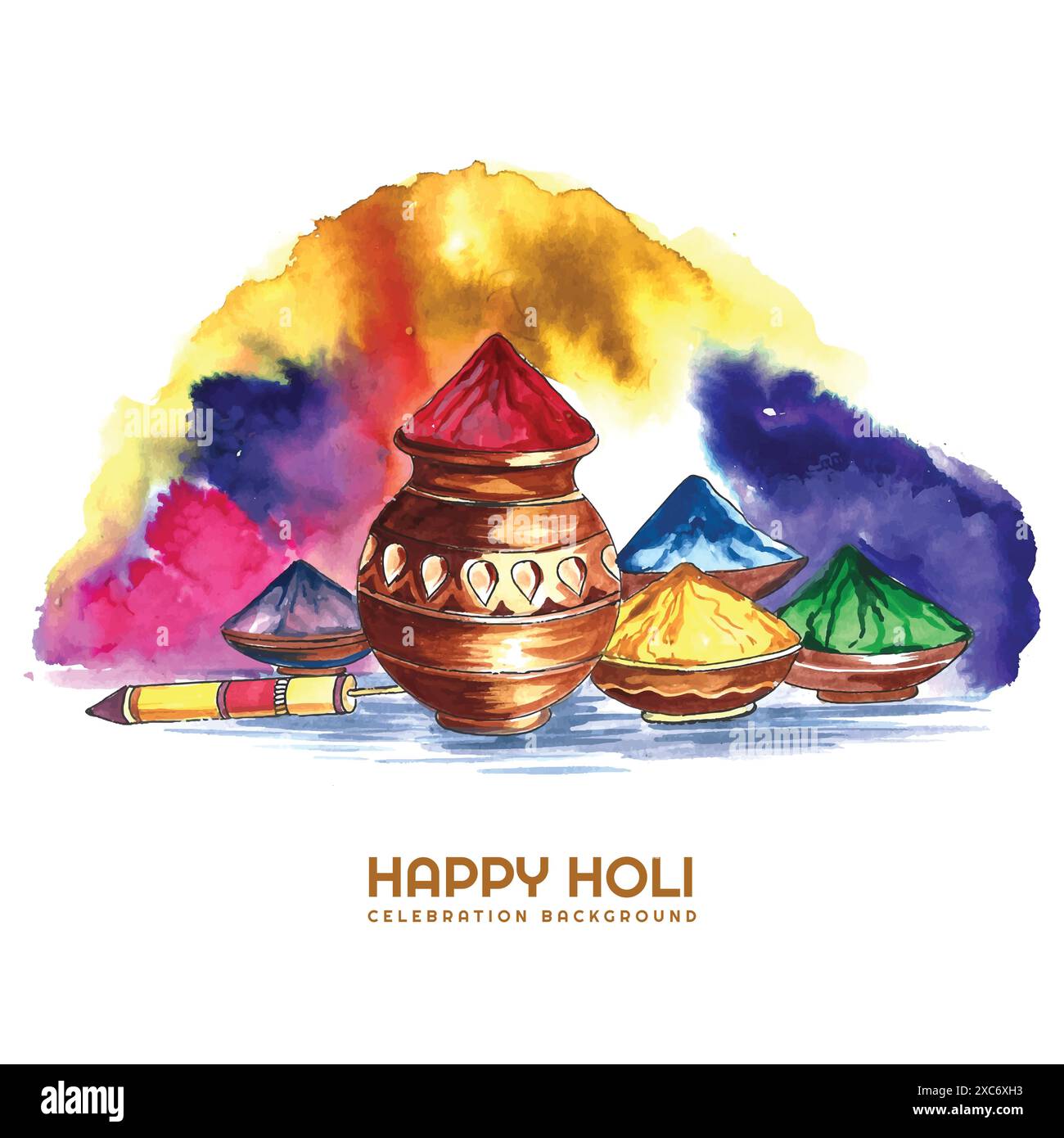 Hand draw colorful gulal in earthen bowl for happy holi card background ...