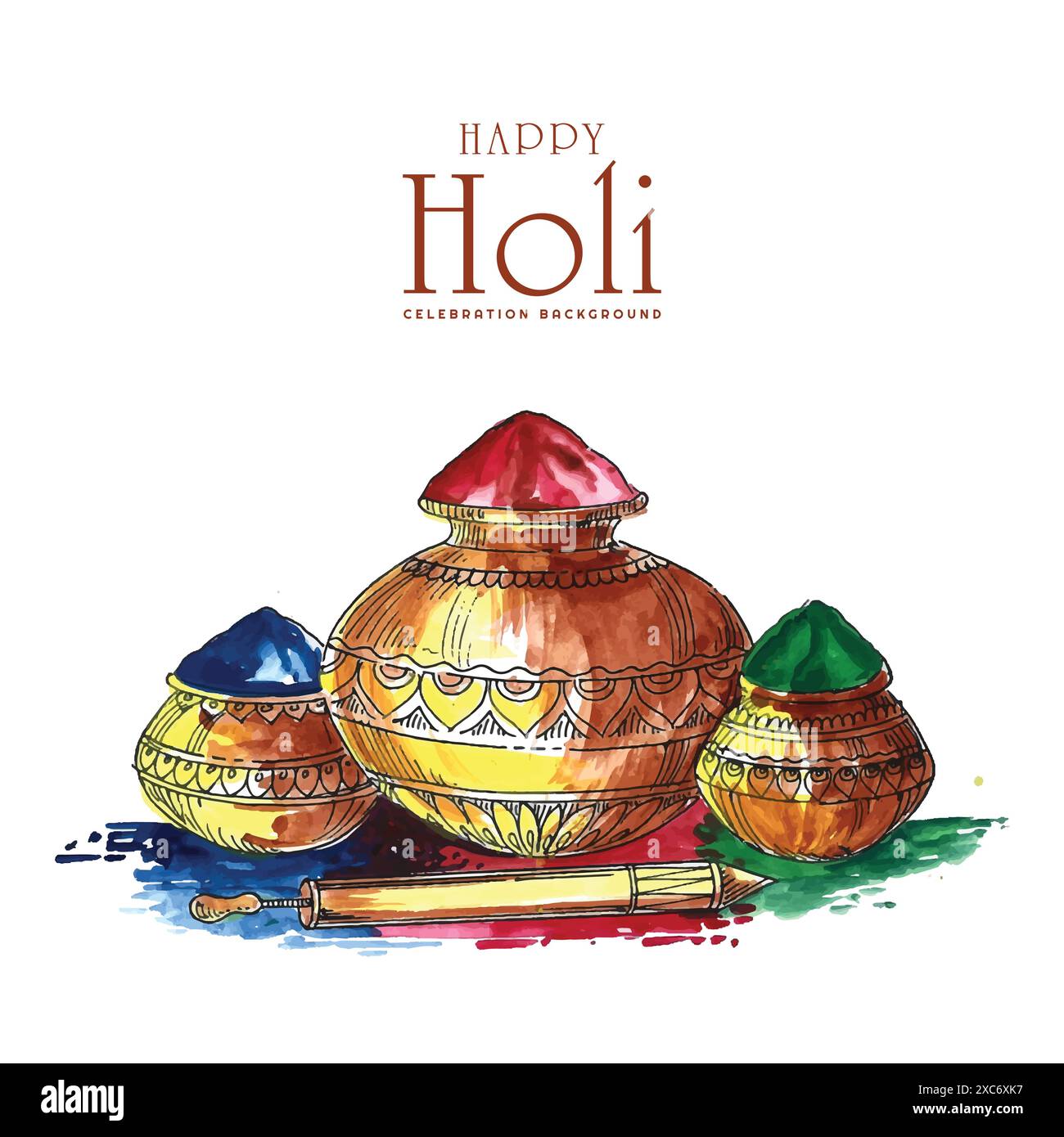 Hand draw colorful gulal in earthen bowl for happy holi card background ...