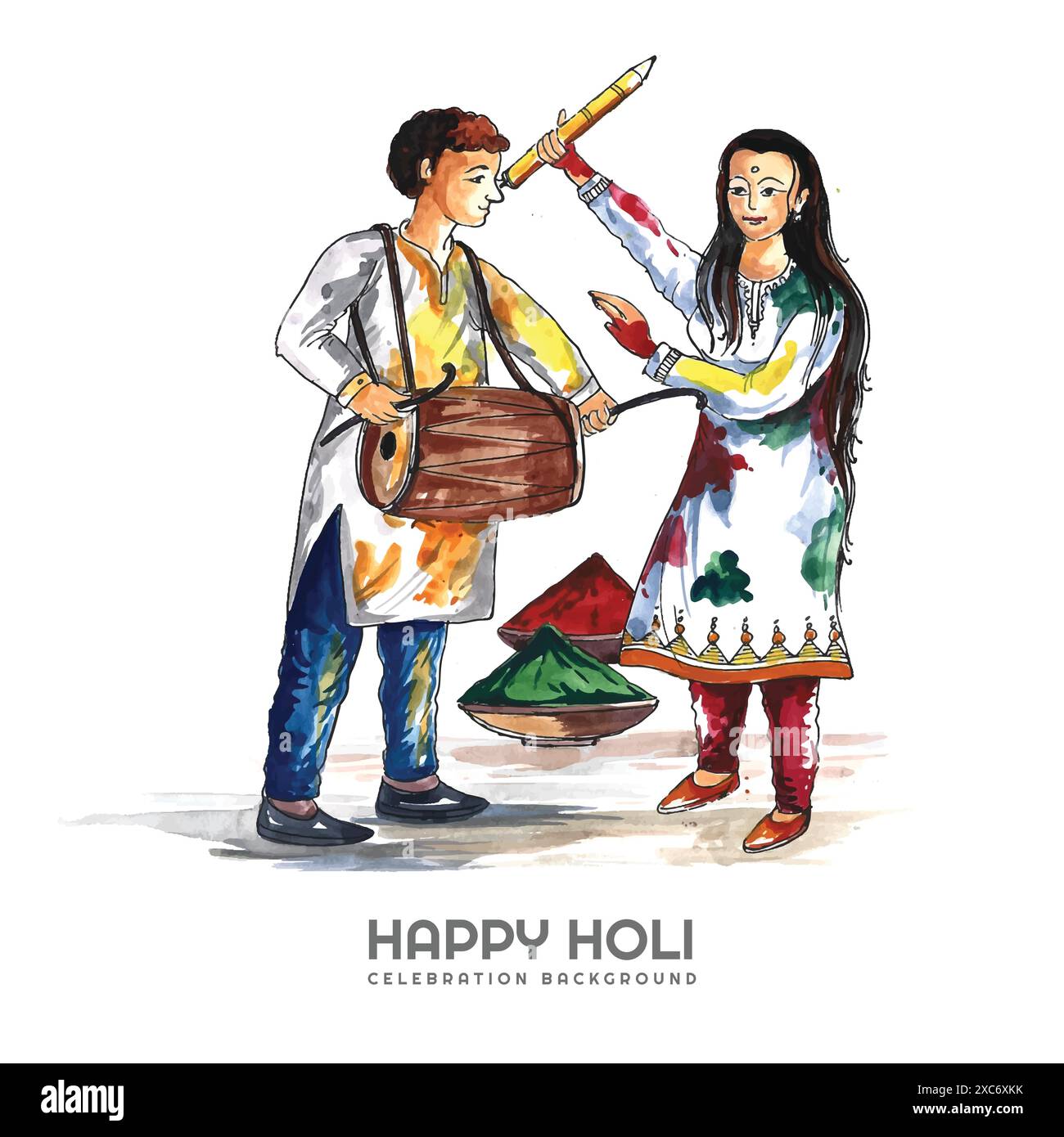 Hand draw fun characters celebrate colorful holi card background Stock ...