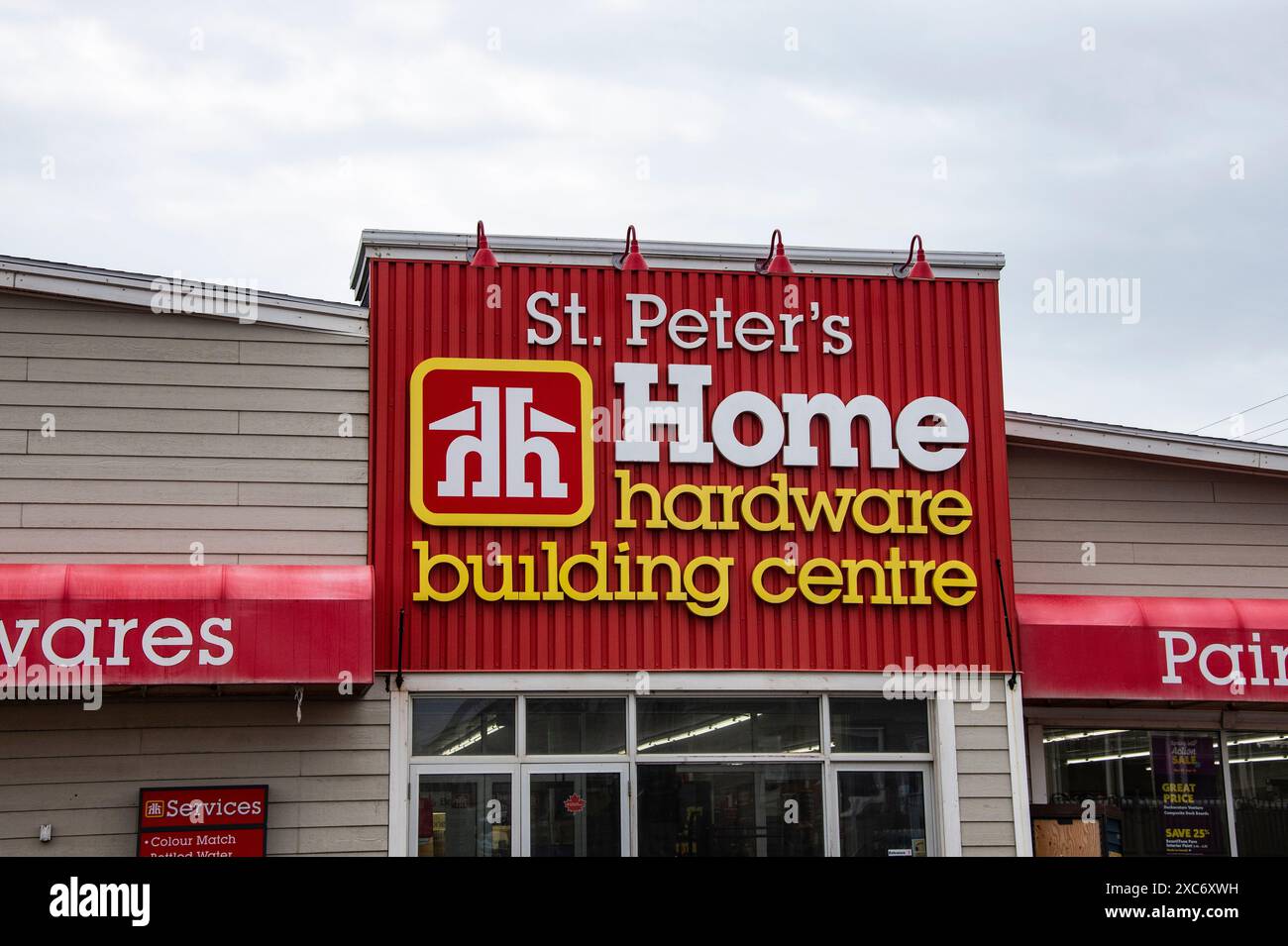 Home Hardware store sign in downtown St. Peter’s, Nova Scotia, Canada ...