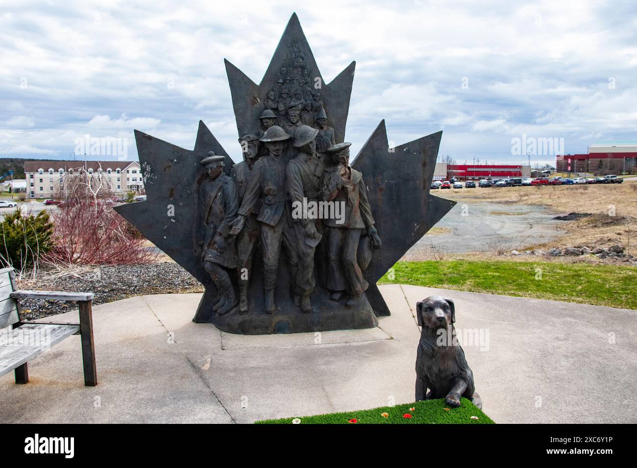 Sculpture of soldiers at Veterans Memorial Park sign in Port Hawkesbury ...