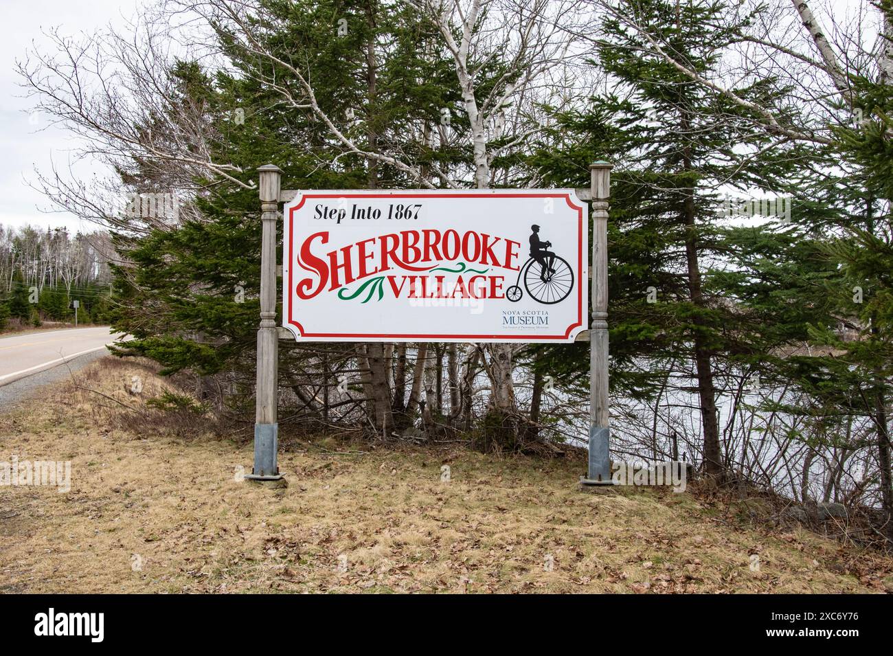 Welcome to Sherbrooke village sign on highway 7 in Nova Scotia, Canada ...