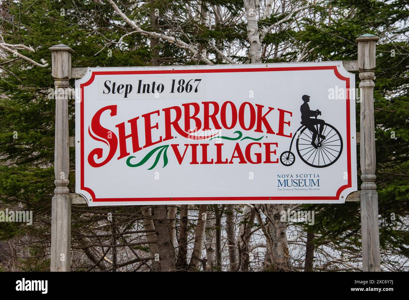 Welcome to Sherbrooke village sign on highway 7 in Nova Scotia, Canada ...