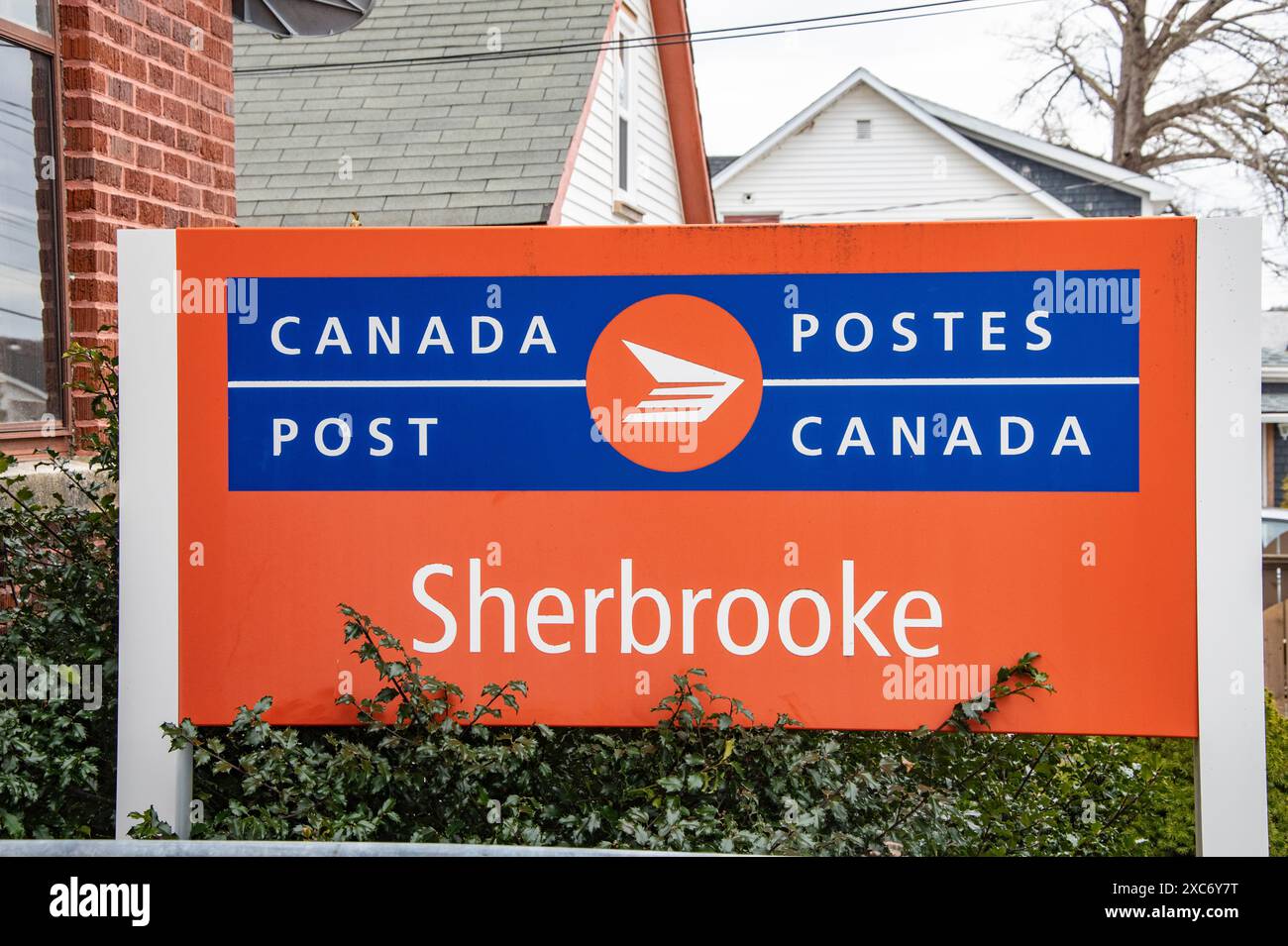 Post office sign on Main Street in Sherbrooke, Nova Scotia, Canada ...
