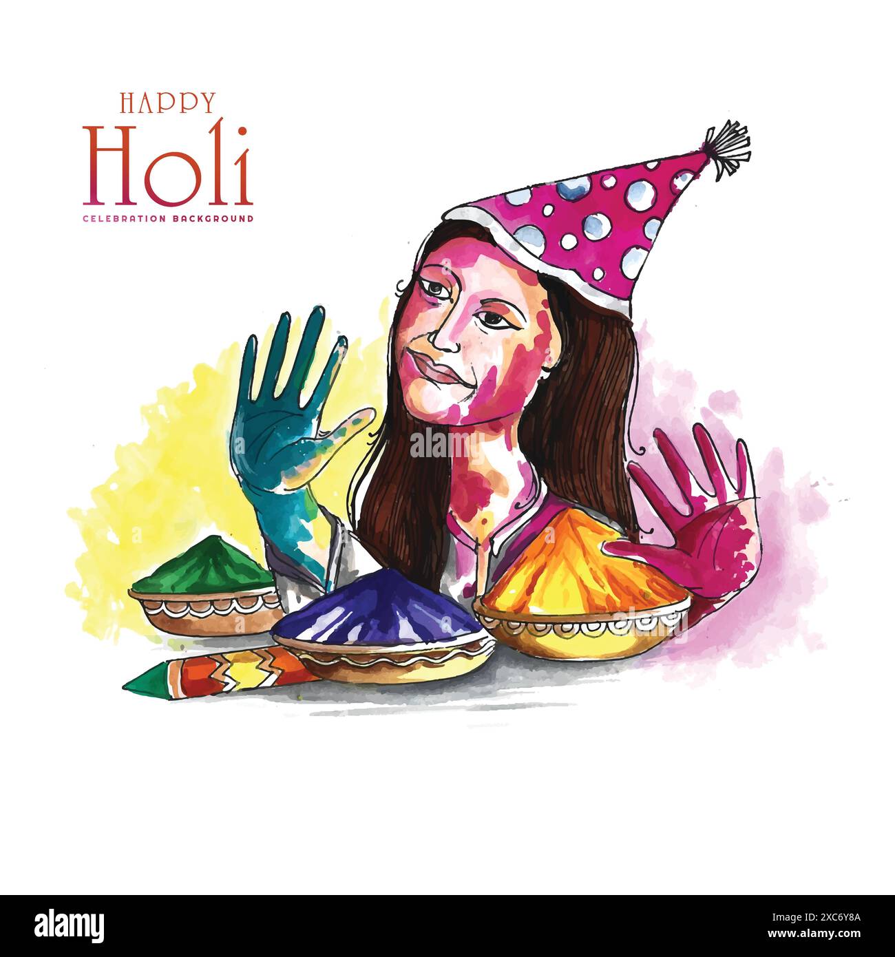 Hand draw colorful gulal in indian young girl showing celebrating holi ...