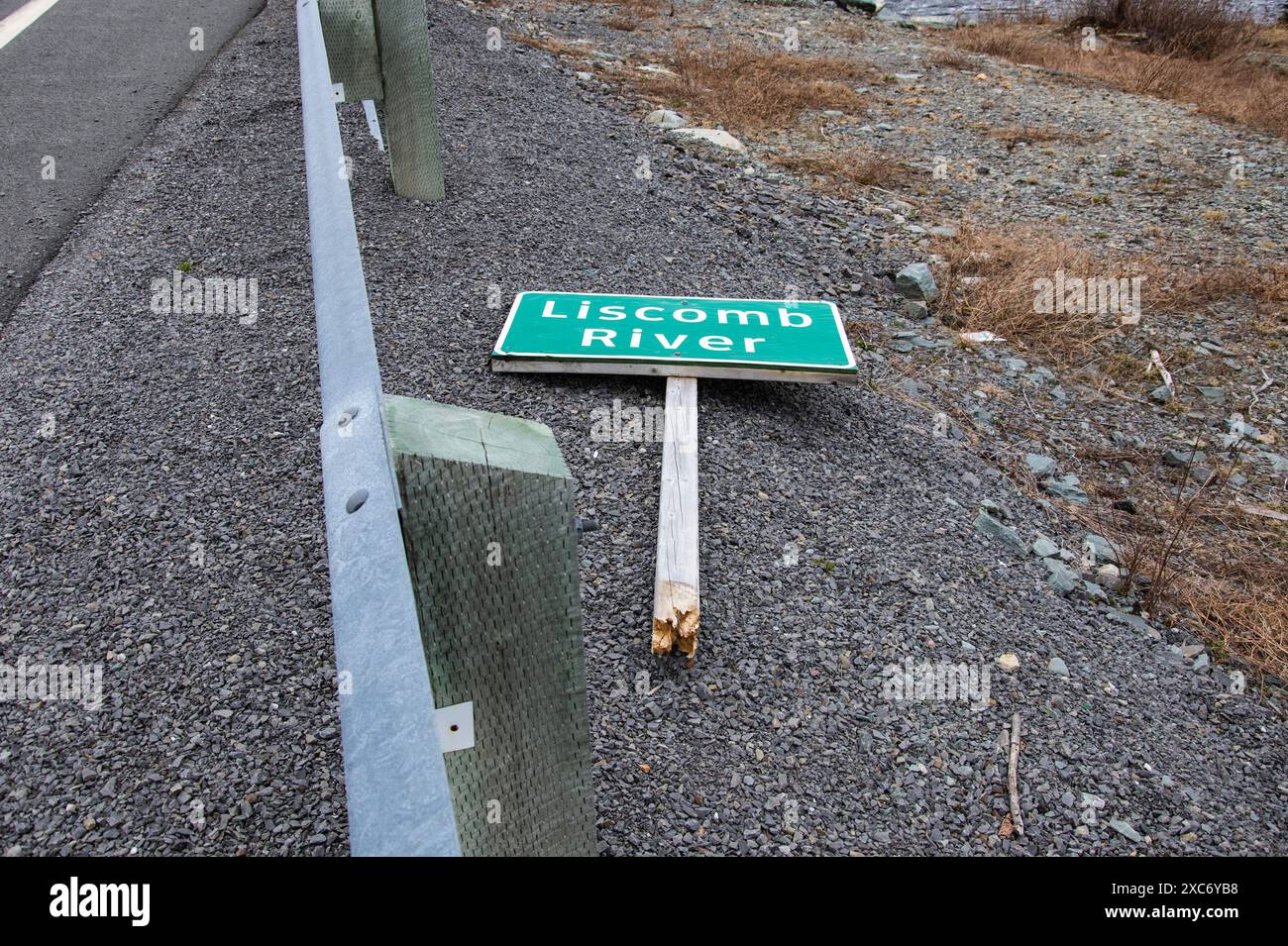Broken Liscomb River highway sign in Liscomb, Nova Scotia, Canada Stock ...