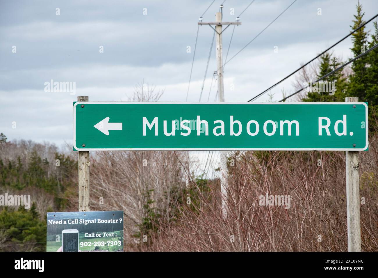 Mushaboom Road sign on highway 7 in Sheet Harbour, Nova Scotia, Canada ...