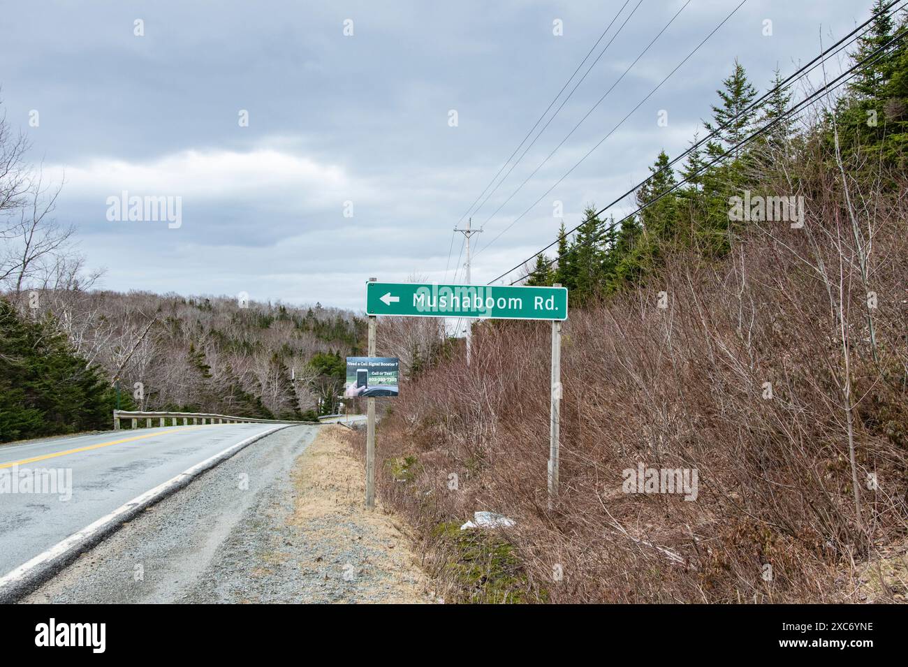 Mushaboom Road sign on highway 7 in Sheet Harbour, Nova Scotia, Canada ...