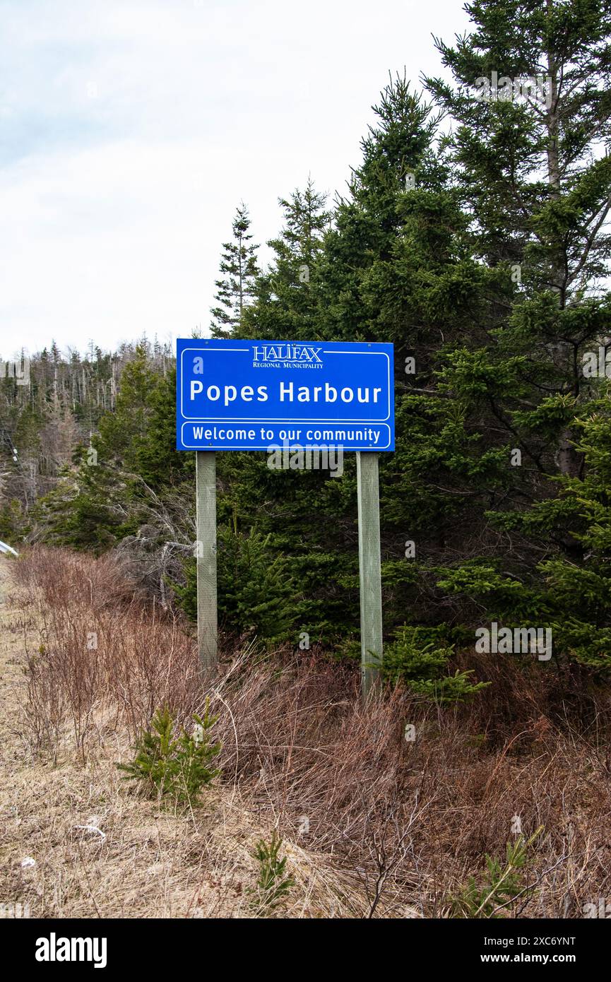 Welcome to Popes Harbour sign on highway 7 in Nova Scotia, Canada Stock ...