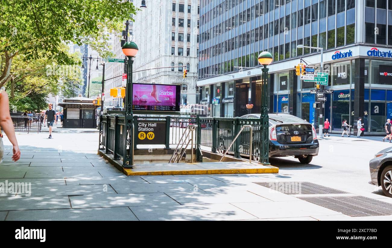 City Subway Station Kiosk on a Busy Urban Street Corner with Passing ...