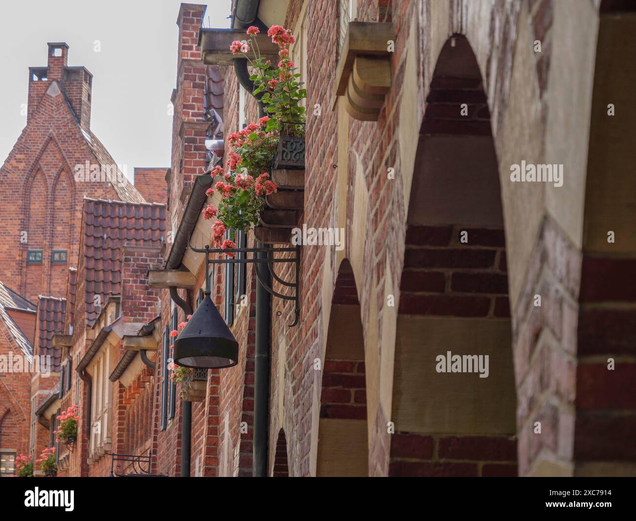 A narrow alley with historic brick buildings, flower windows and an ...