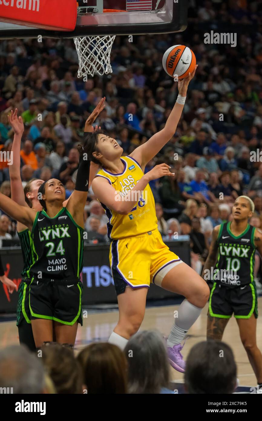 Minneapolis, Minnesota, USA. 14th June, 2024. Los Angeles Sparks center LI YUERU (28) shoots for ...