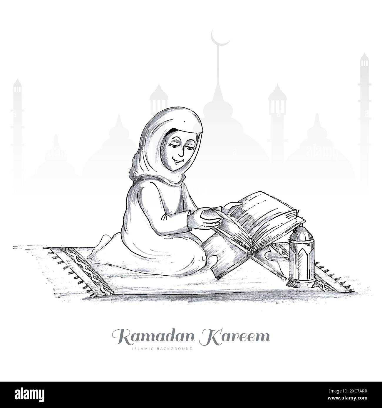 Hand draw muslim woman reading quran islamic holy book after praying ...
