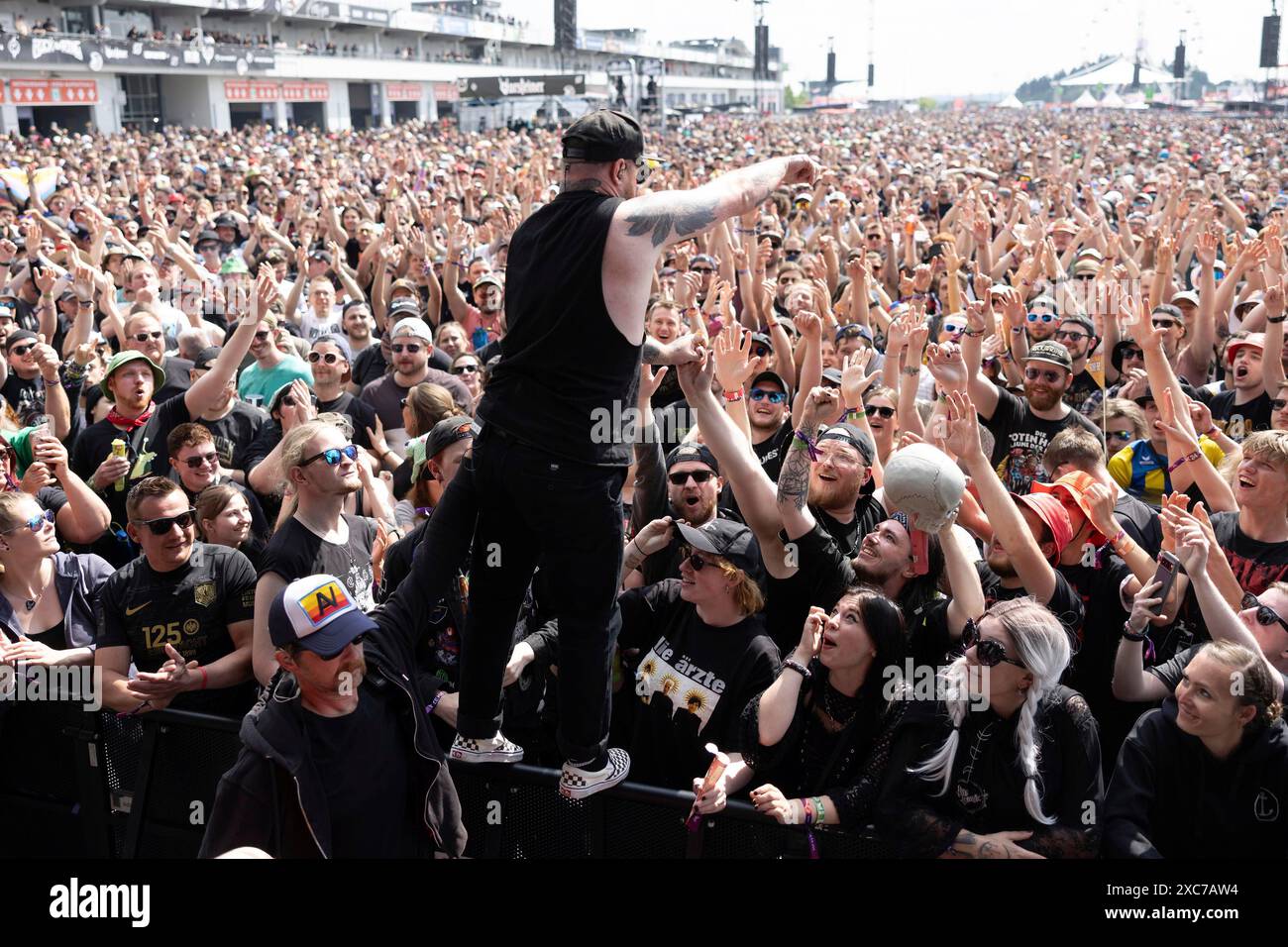 Adenau, Germany, 7 June 2024: Ben Thatcher, drummer of Royal Blood, in ...