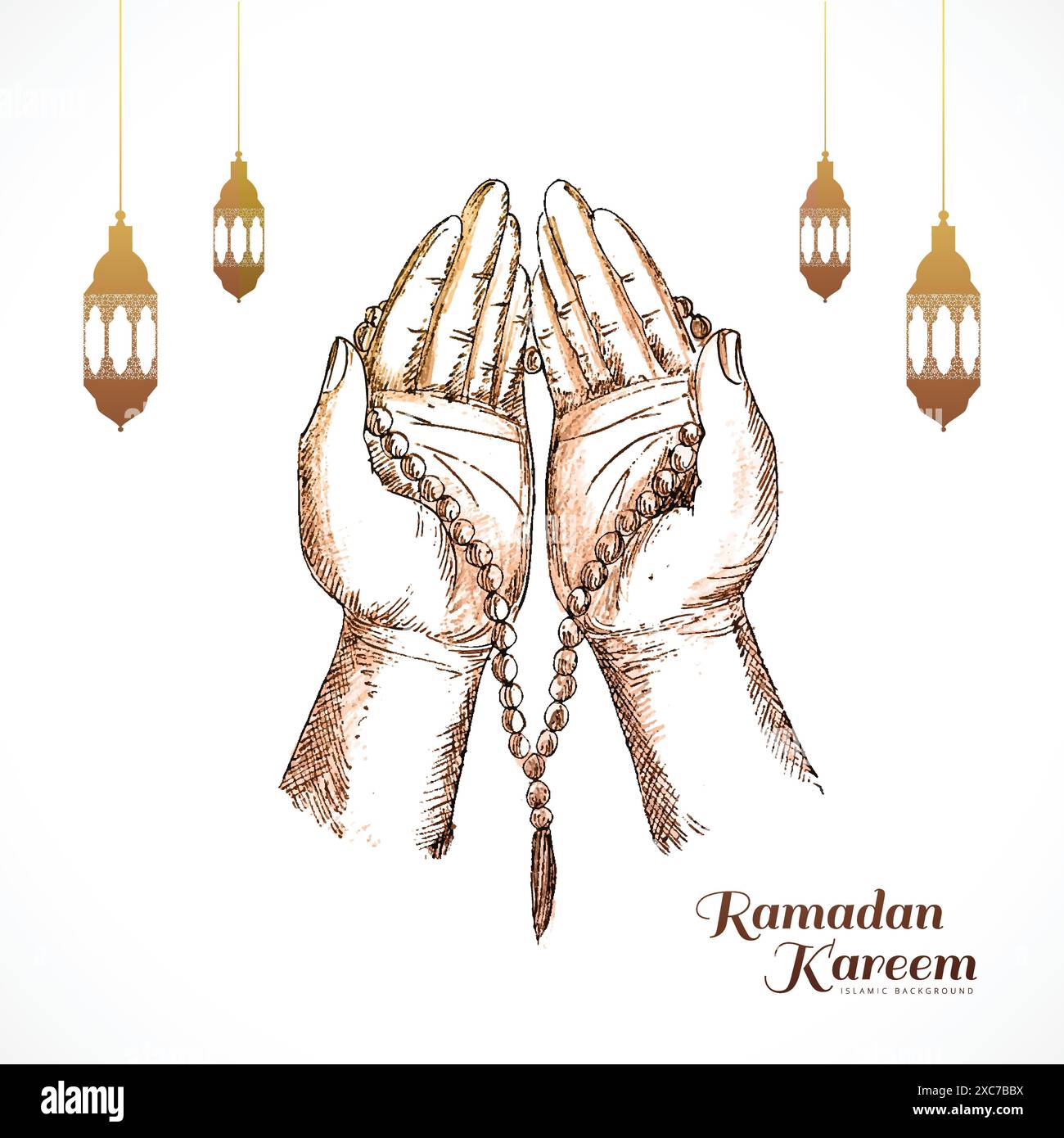 Hand draw sketch muslim man hands praying holding rosary ramadan kareem ...