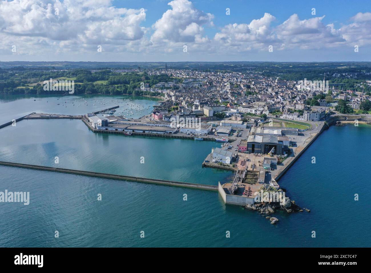 Aerial view fishing harbour and Port de Rosmeur, Douarnenez department ...