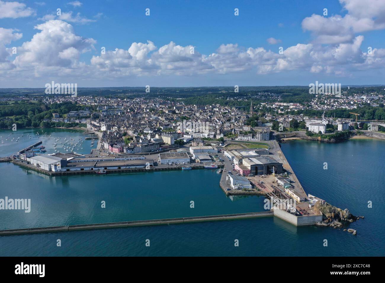 Aerial view fishing harbour and Port de Rosmeur, Douarnenez department ...