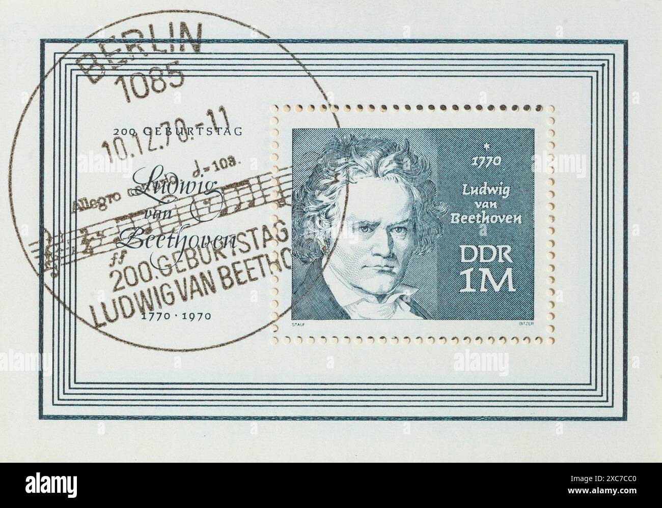 Stamp Ludwig van Beethoven, souvenir sheet, GDR, German Democratic ...