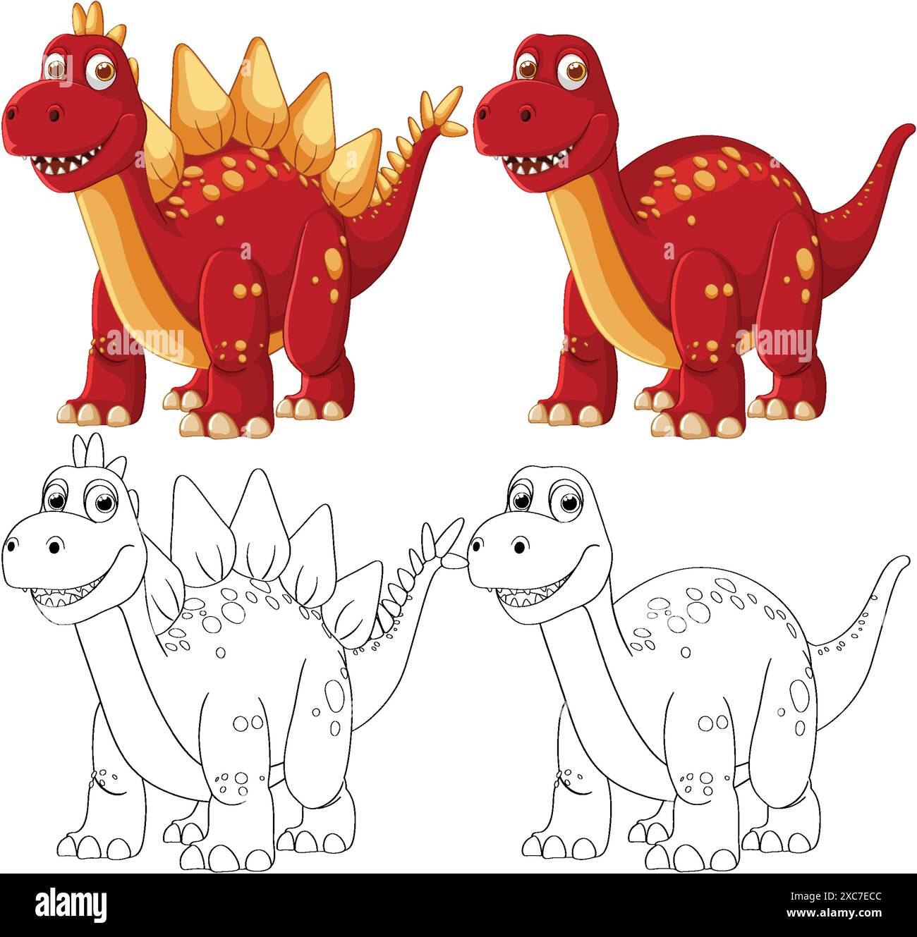 Red dinosaurs with spikes and their black-and-white versions Stock ...