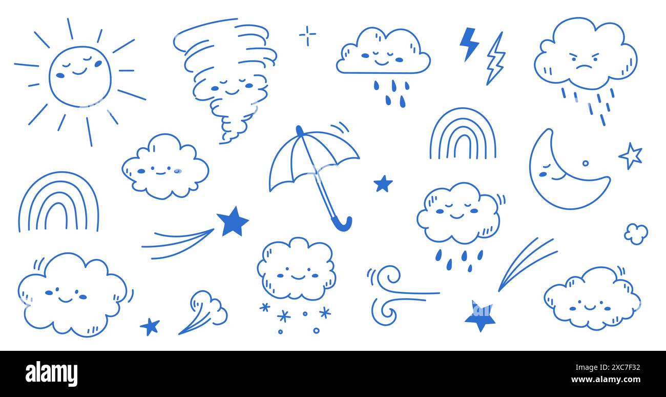 Cloud rain weather cartoon cute set. Cloud, sun, moon weather character ...