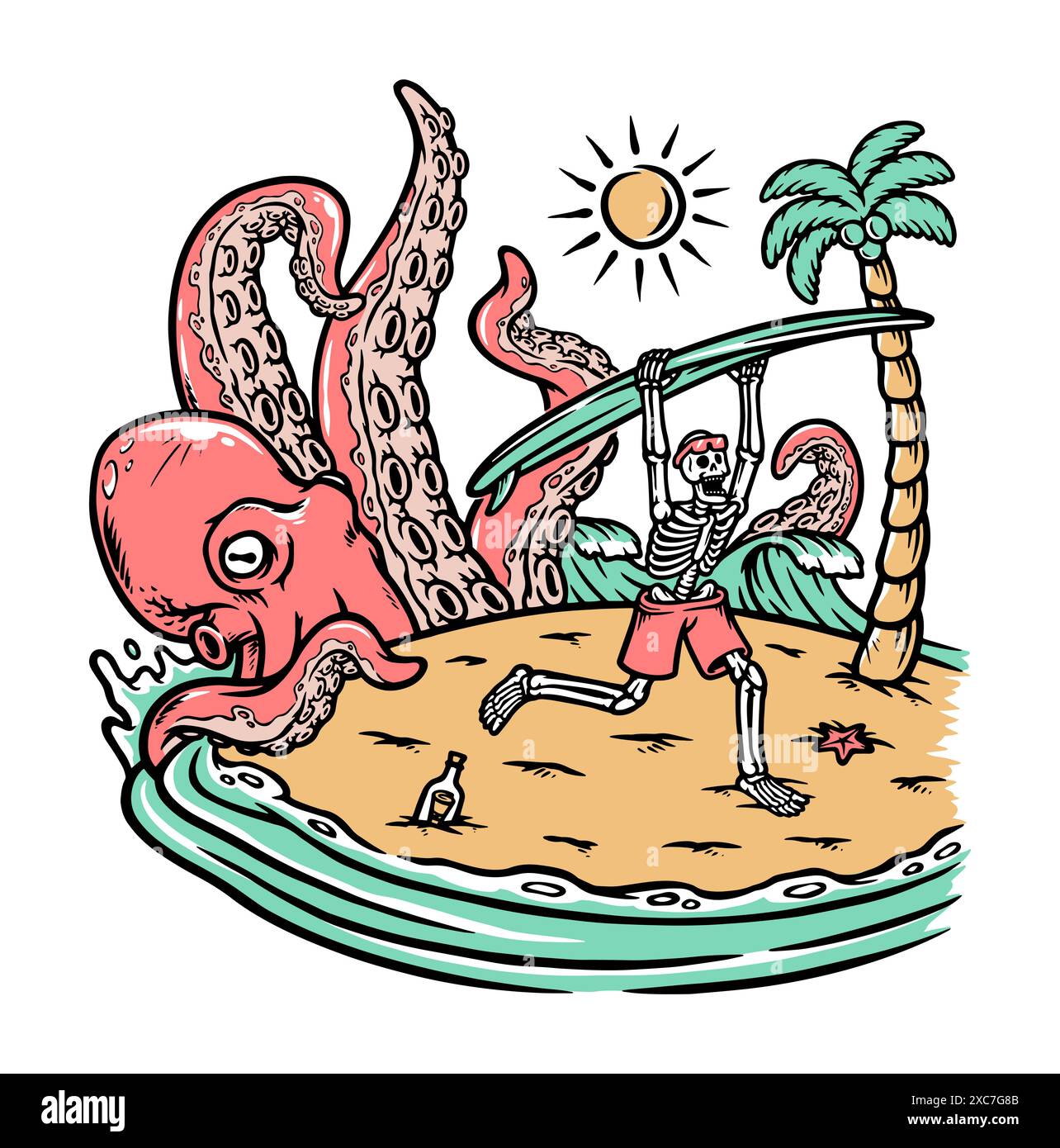octopus attack skull on beach illustration Stock Photo - Alamy