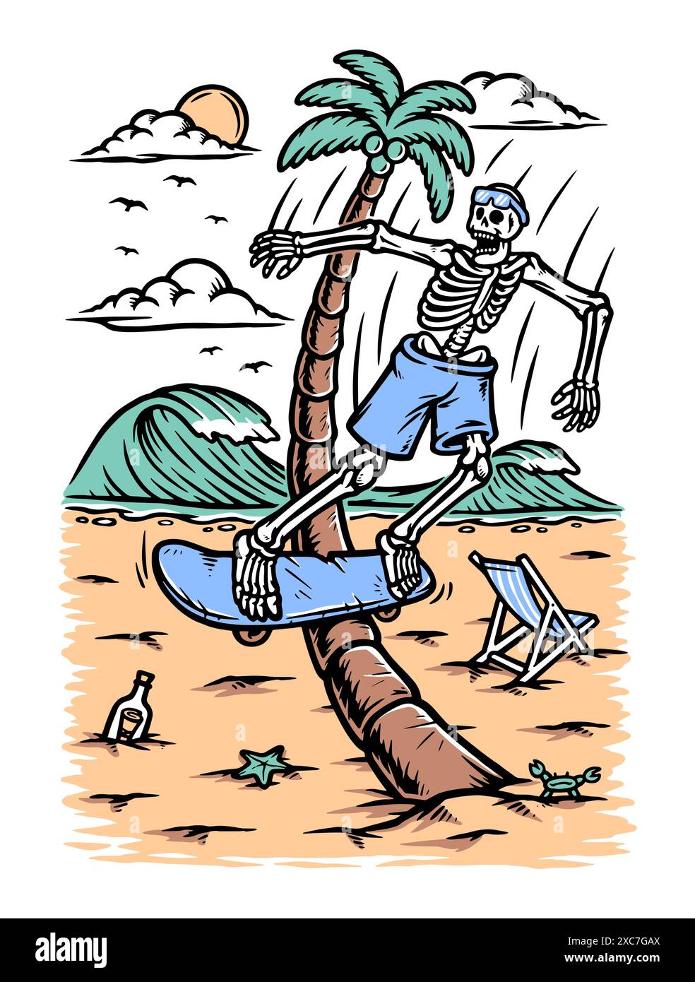 skull riding a skateboard on the beach illustration Stock Photo - Alamy