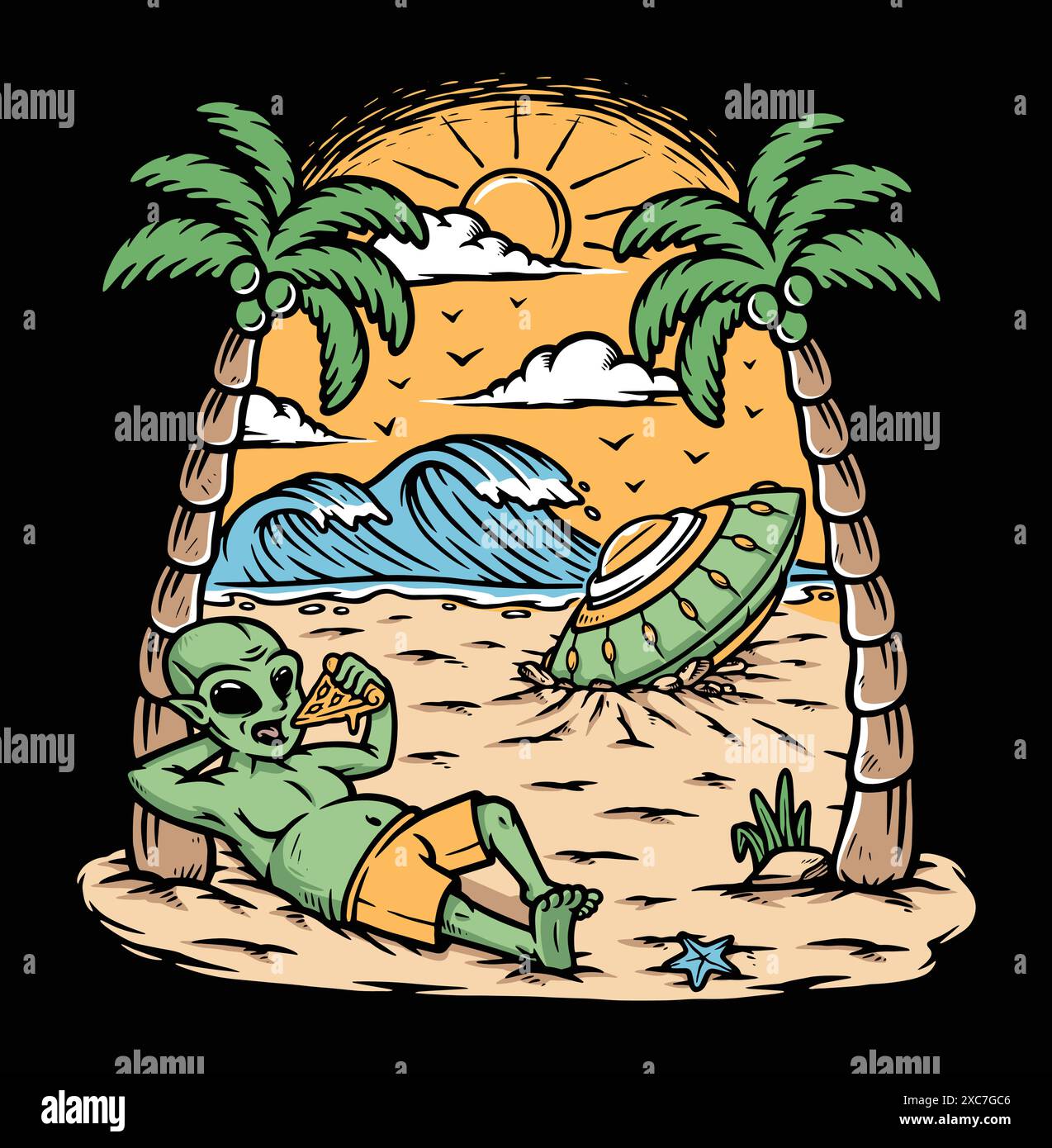 alien stranded and stuck on the beach illustration Stock Vector Image ...