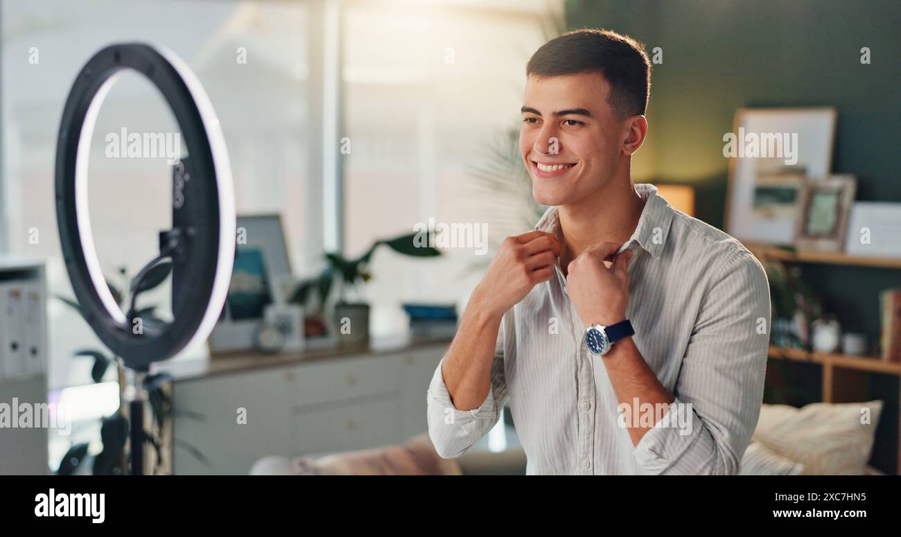 Happy man, vlog and recording with ring light in online streaming ...