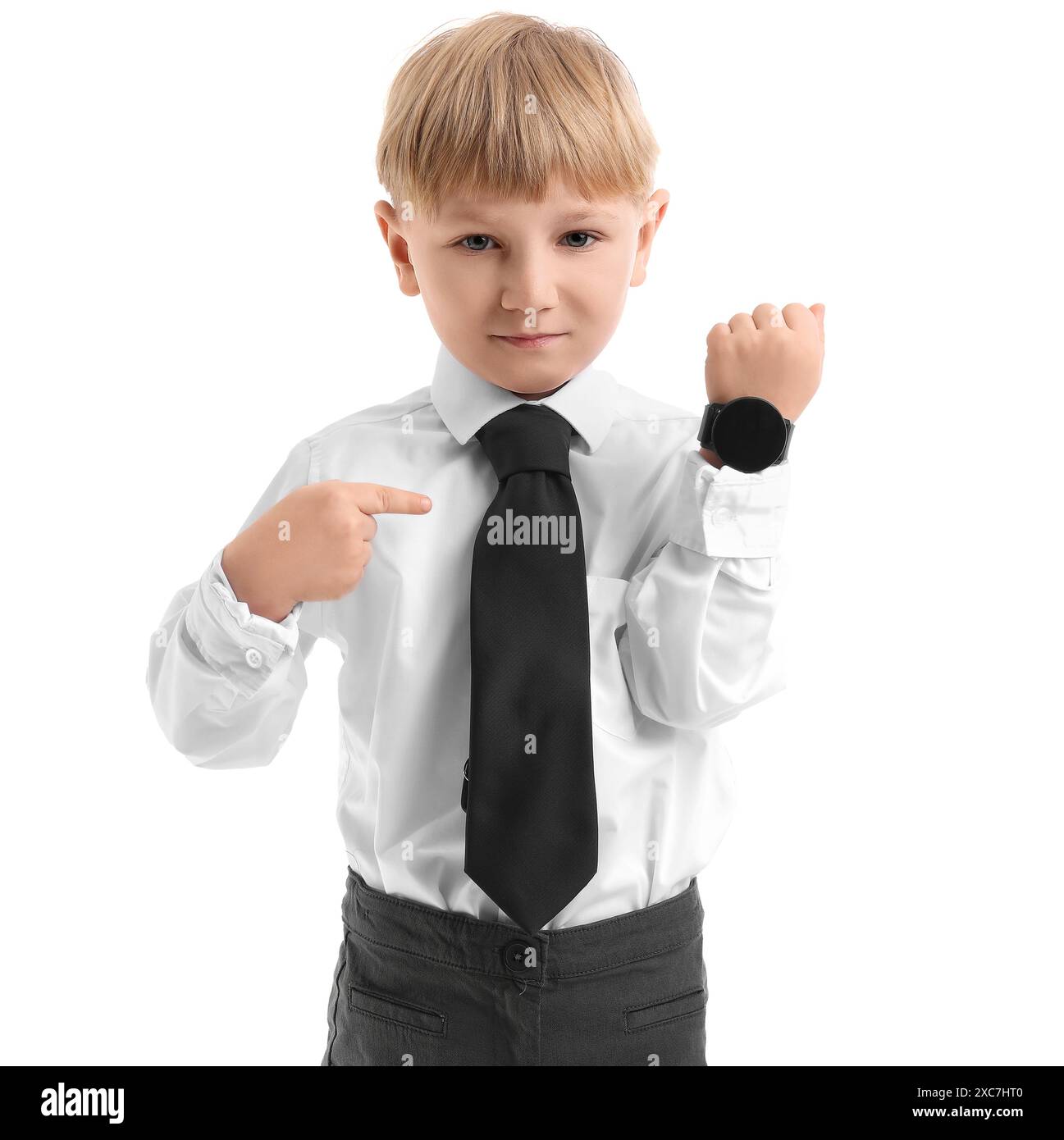 Funny little businessman pointing at smartwatch on white background ...