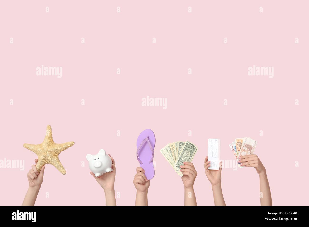 Female hands with piggy bank, flip flop, money and ticket on beige ...