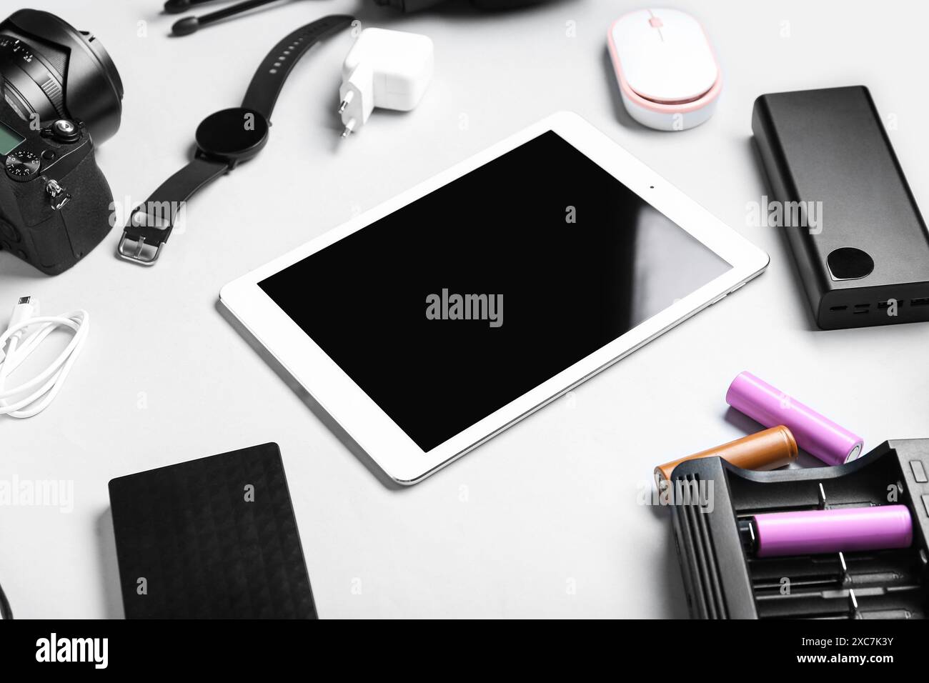 Composition with different modern devices on grey background Stock ...