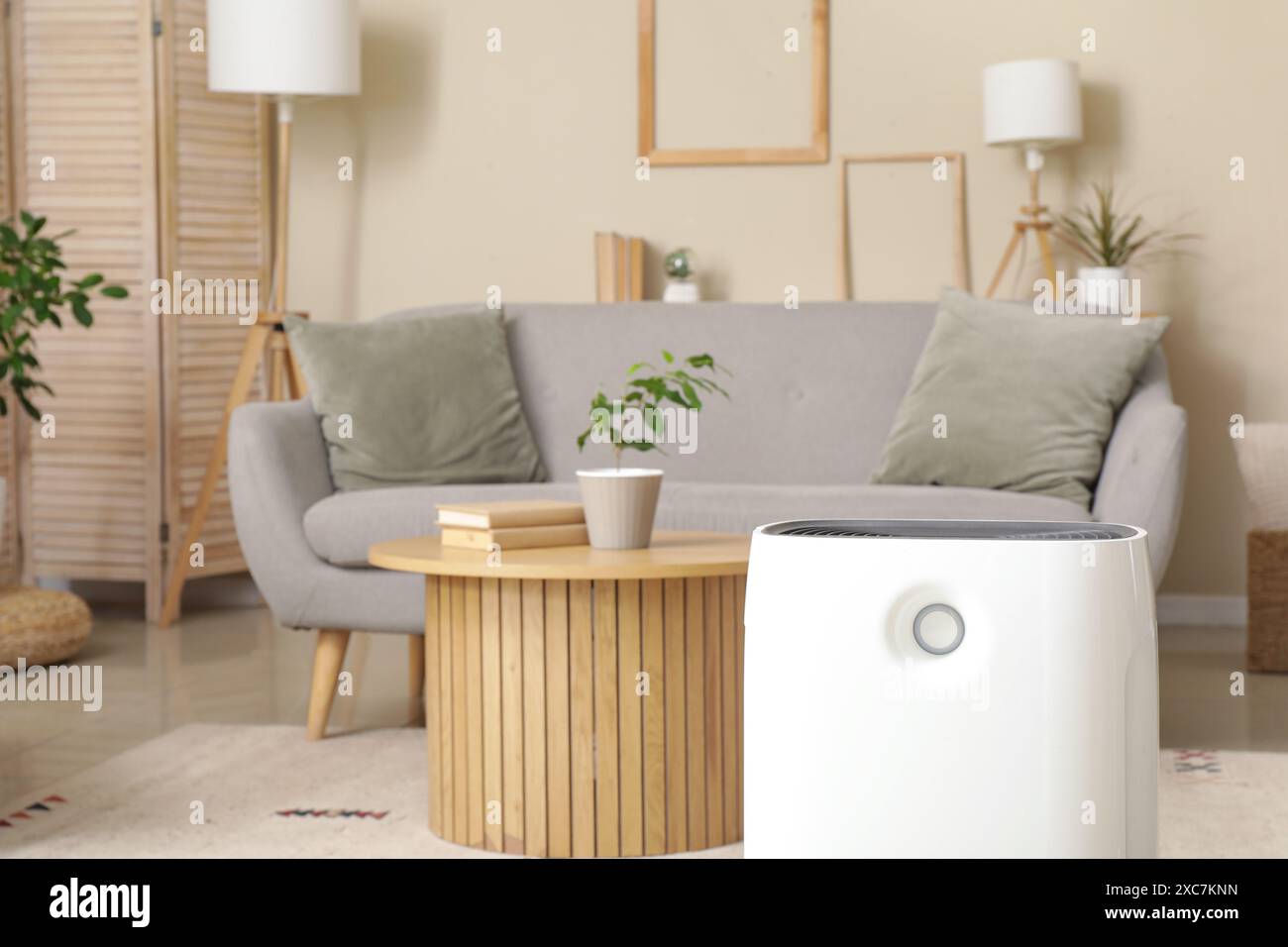 Modern humidifier on floor in living room Stock Photo - Alamy
