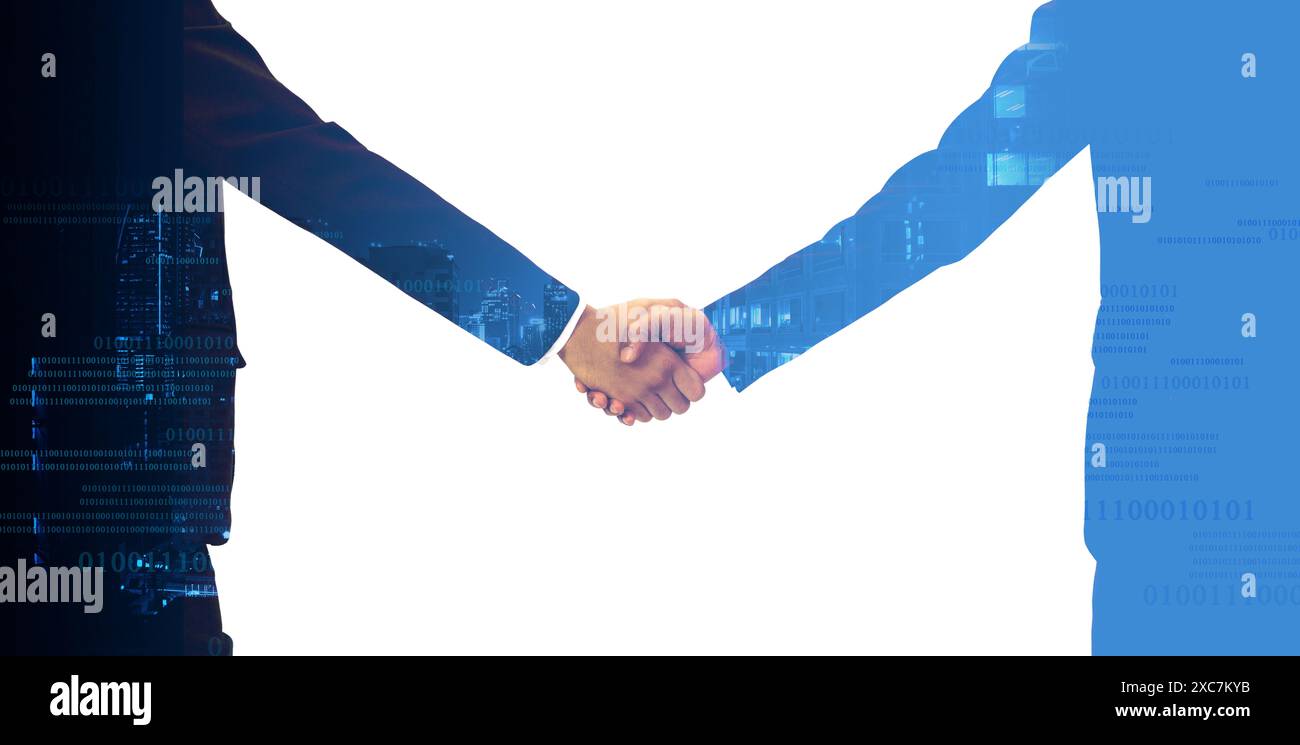 Two people in suits are shaking hands, symbolizing agreement and partnership, with a digital ...