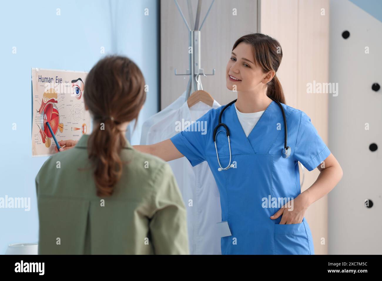 Female ophthalmologist showing eye structure to patient in clinic Stock ...