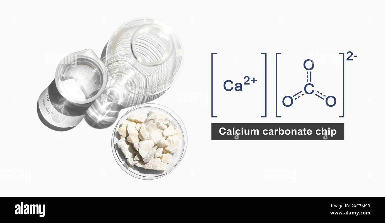 Calcium carbonate chip in chemical watch glass with molecular structure ...