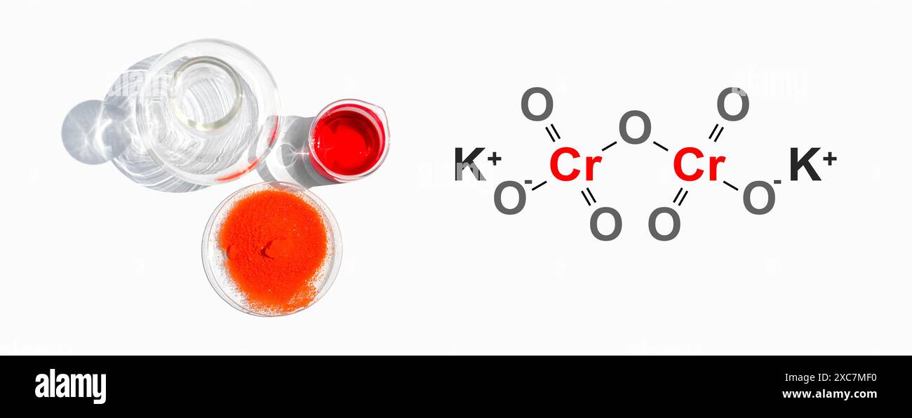Potassium Dichromate in chemical watch glass place next to red liquid ...