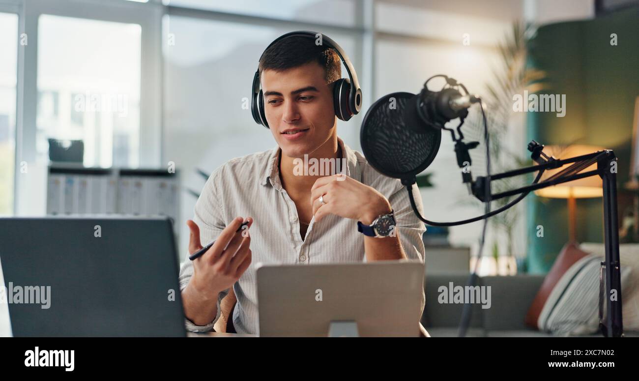 Podcast, news presenter and radio show host with man speaking about ...