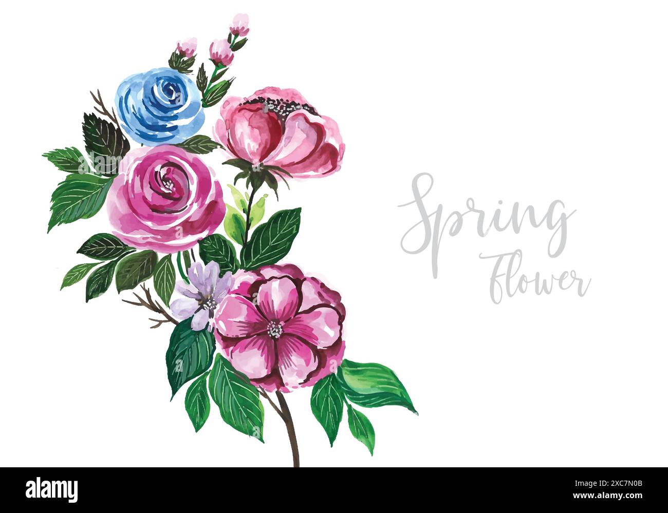 Hand draw decorative colorful spring flowers bunch watercolor design ...