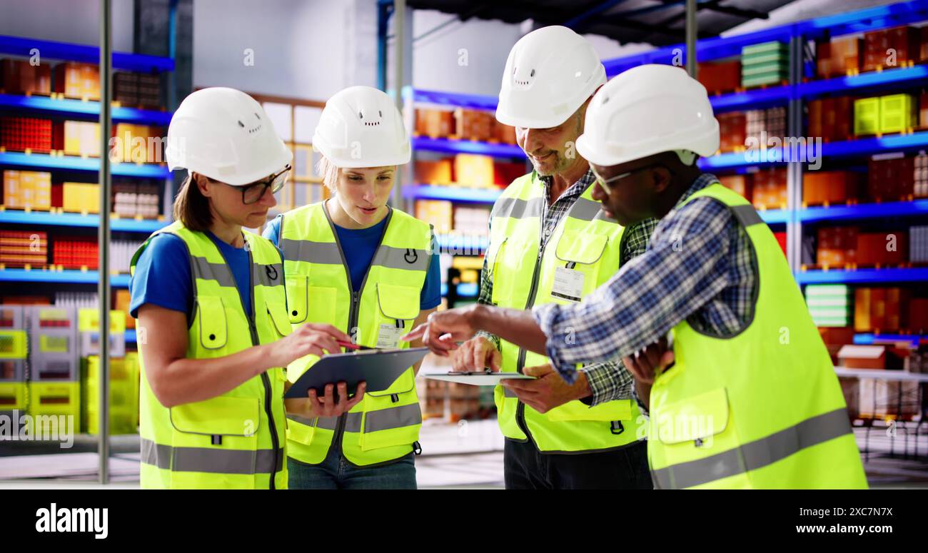 Factory Engineers Meeting. Checking Warehouse Facility. Modern ...