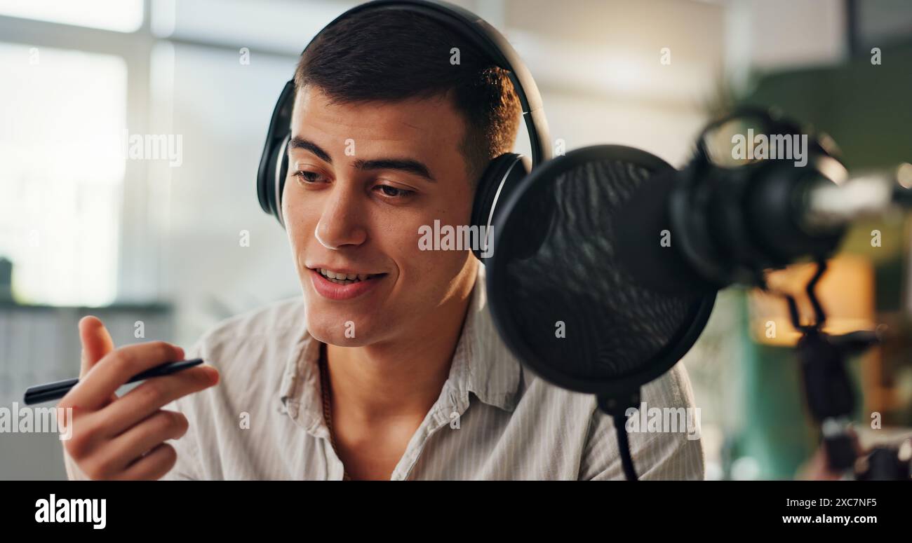 Podcast, presenter and radio show host with man speaking about public ...